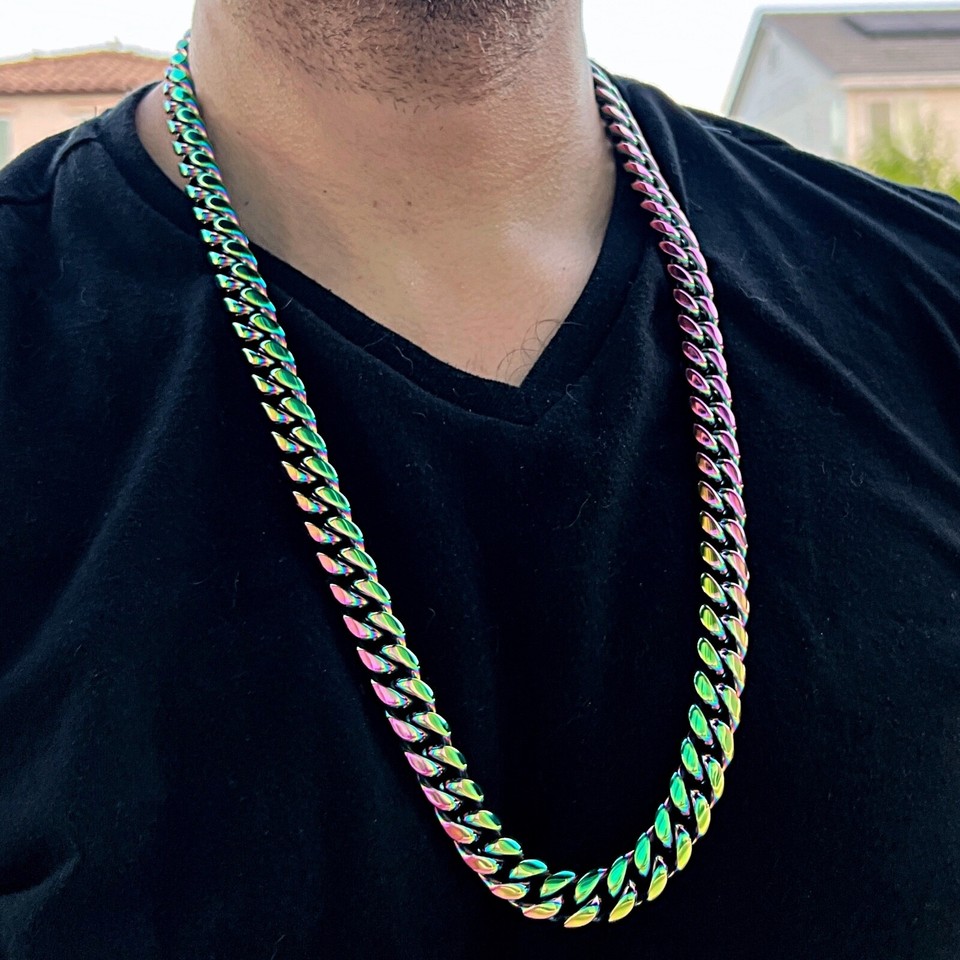 Men's Miami Cuban Link Chain Multicolor 316L Stainless Steel 14MM Thick ...