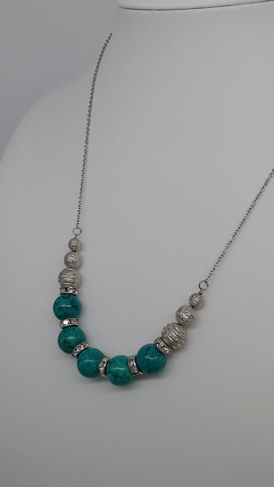 Green and Black Bead Rhinestone Chain Necklace Silver Tone Metal Clear ...