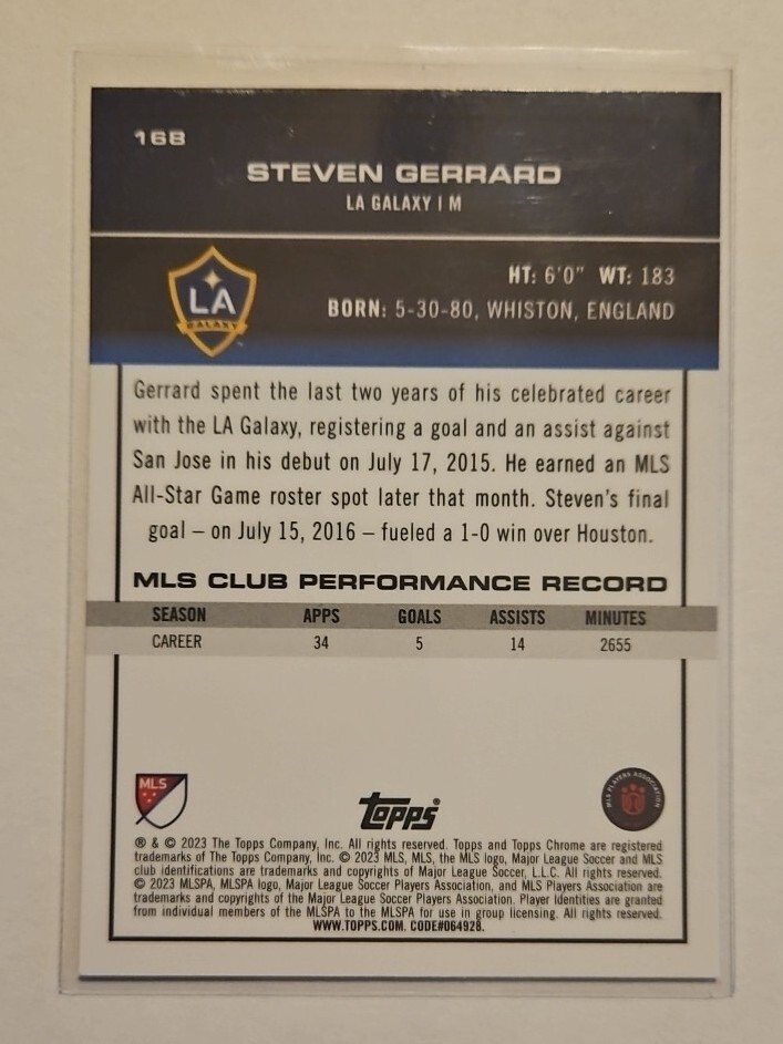 2023 Topps Chrome MLS Steven Gerrard Pink XFractor Refractor Galaxy ...