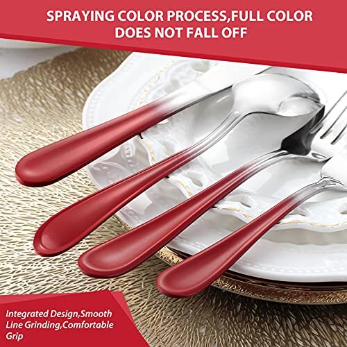 Red Silverware Set,20 Piece Stainless Steel Flatware Set,Mirror ...