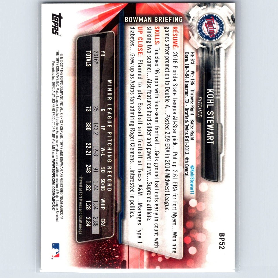 2017 Bowman - Prospects Kohl Stewart #BP52 - Minnesota Twins | eBay