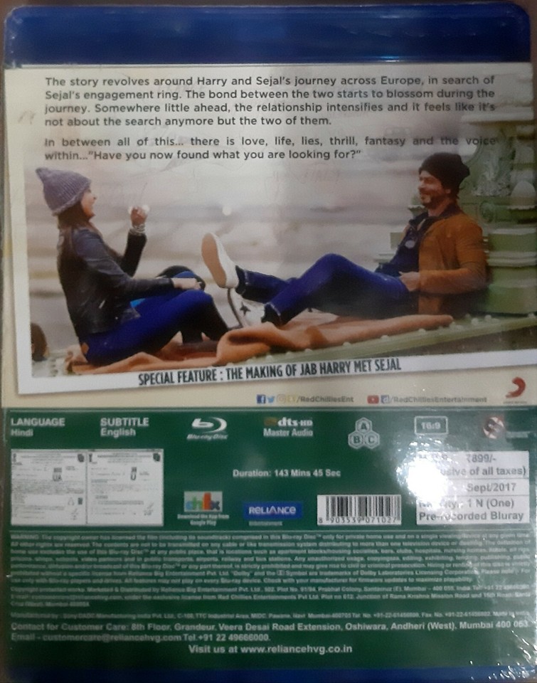 JAB HARRY MET SEJAL Blu-Ray - SHAHRUKH KHAN, ANUSHKA - BOLLYWOOD MOVIE ...