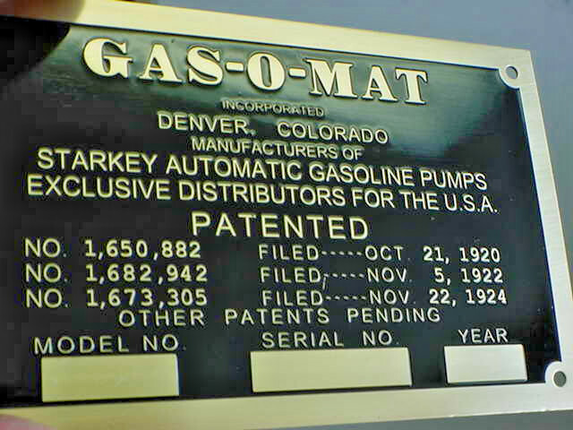 Gas-O-Mat Deep Acid Etched Brass Gas Pump Data Plate 1920s | eBay