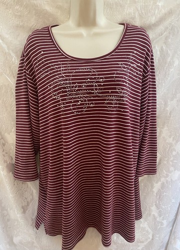 QUACKER FACTORY Knit Top~Size 3X~Cotton Poly 3/4 Sleeves Maroon/White ...