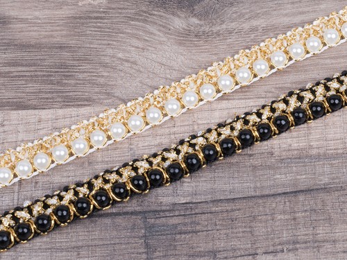 2m Zierborte Borte 14mm 2,90€/m mit Kunst-Perlen 6mm und gold-farbene ...