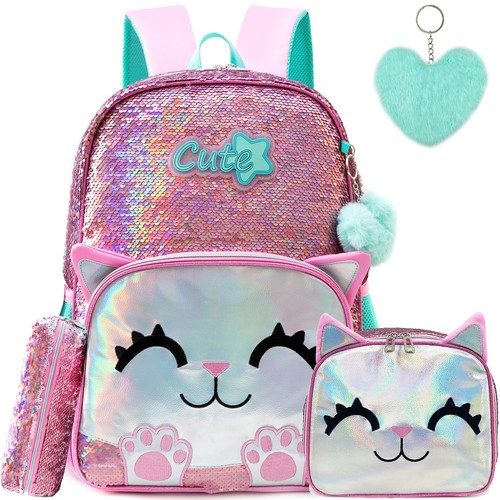 Cute Backpack for Girls Pink Cat School Backpacks Kids Sequin Bookbag ...