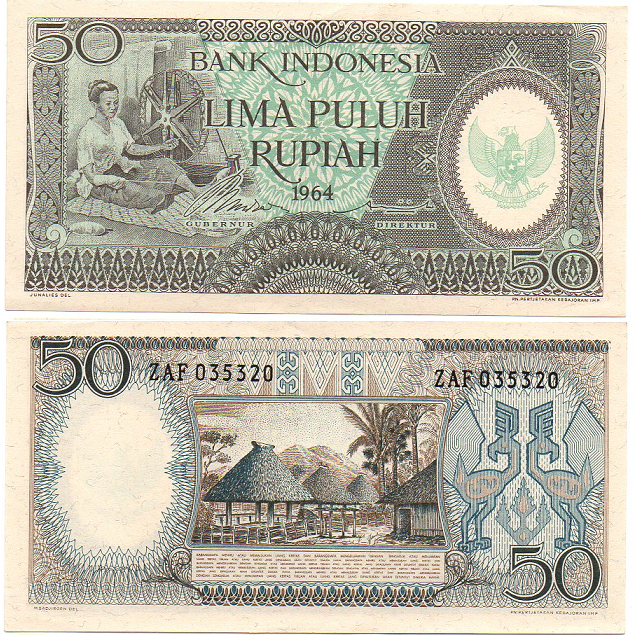 Indonesia 50 Rupiah P-96 1964 World Currency UNC Indonesian Loom Woman ...