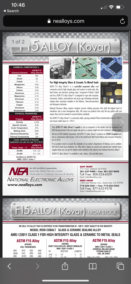 Kovar ASTM-F-15, 12x16” .005 Ed Fagan/NEA sourced aerospace quality | eBay