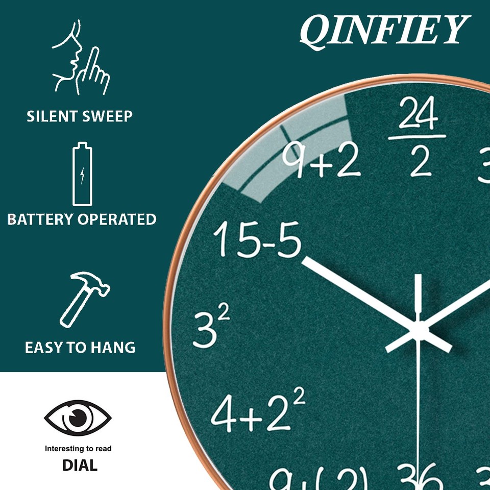 12 Inch Math Wall Clock Silent Non Ticking Movement Quality Quartz Wall ...
