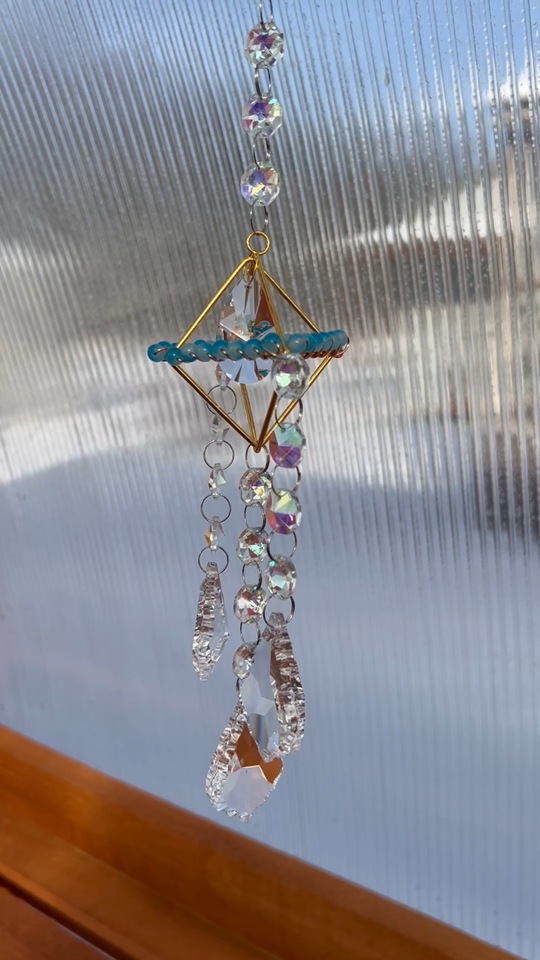 New Handmade Gold & Aqua Glass Beads Crystal Suncatcher Window Dangle ...
