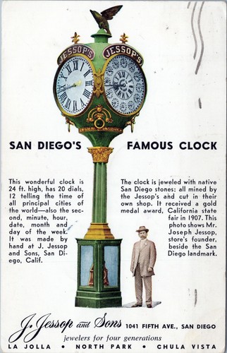 Advertising J Jessop sons clock San Diego La Jolla California postcard ...