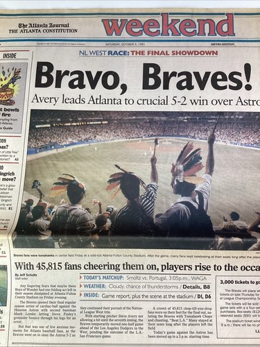 Atlanta Braves GA Newspaper 1991 Oct 5 Bravo! Fans Chop Weekend | eBay