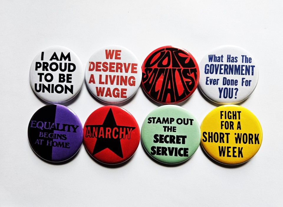 Vintage Reproduction Protest Pinback Buttons Magnets & Bottle Openers ...
