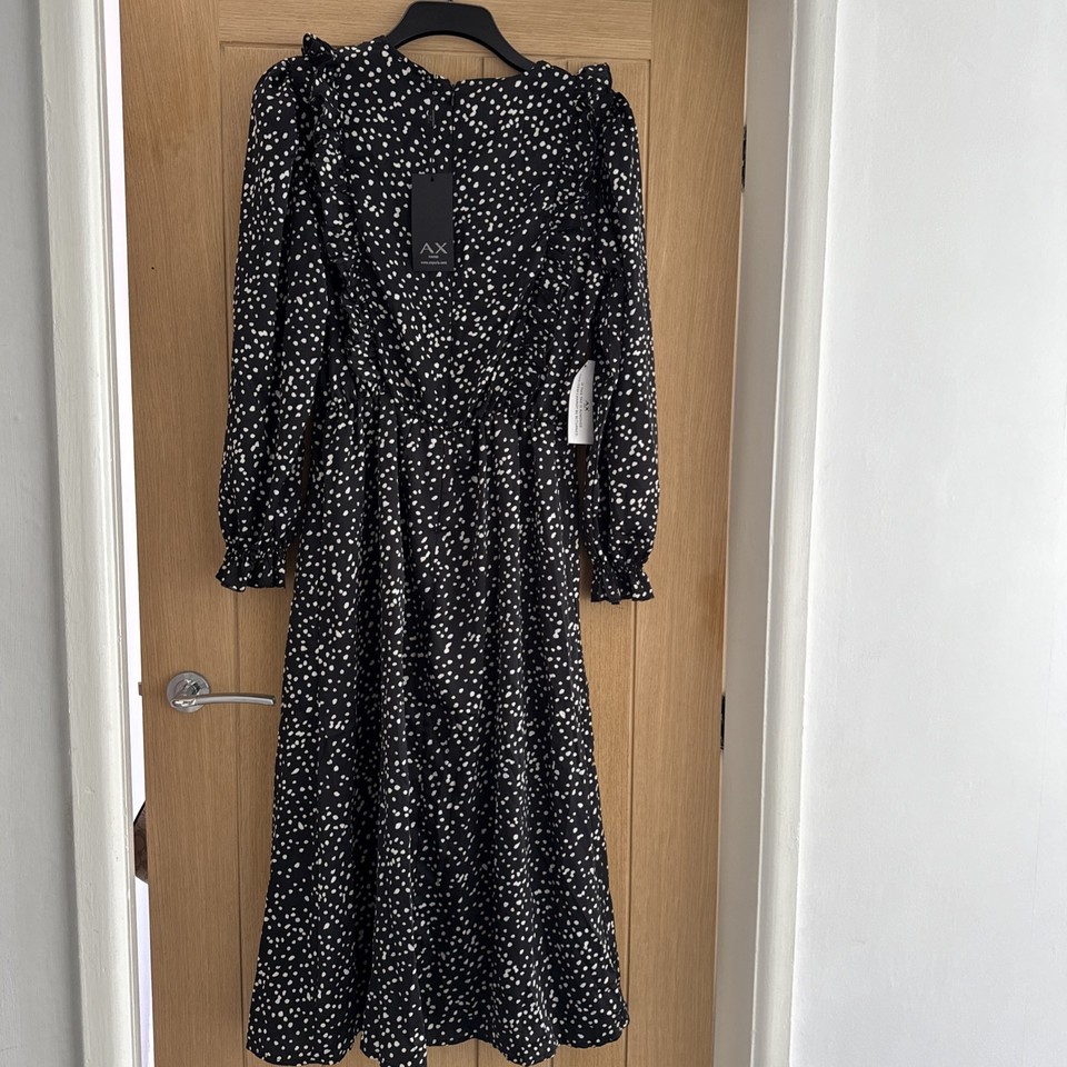Ax Paris Black Spotted Long Sleeve Dress Frill Detail And Front Split ...