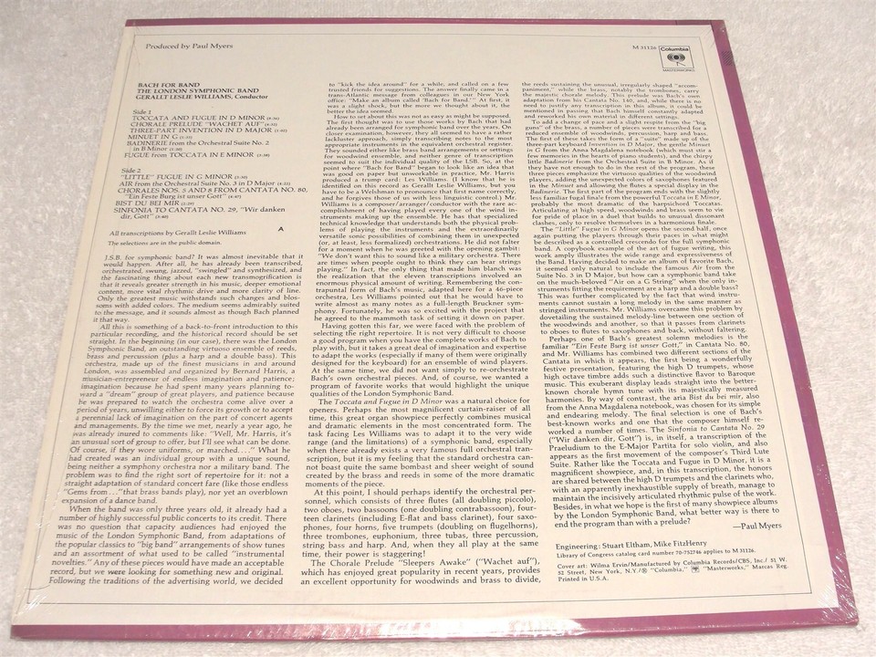 Gerallt Leslie Williams/London "Bach For Band" 1972 LP, Nice NM-!, M ...