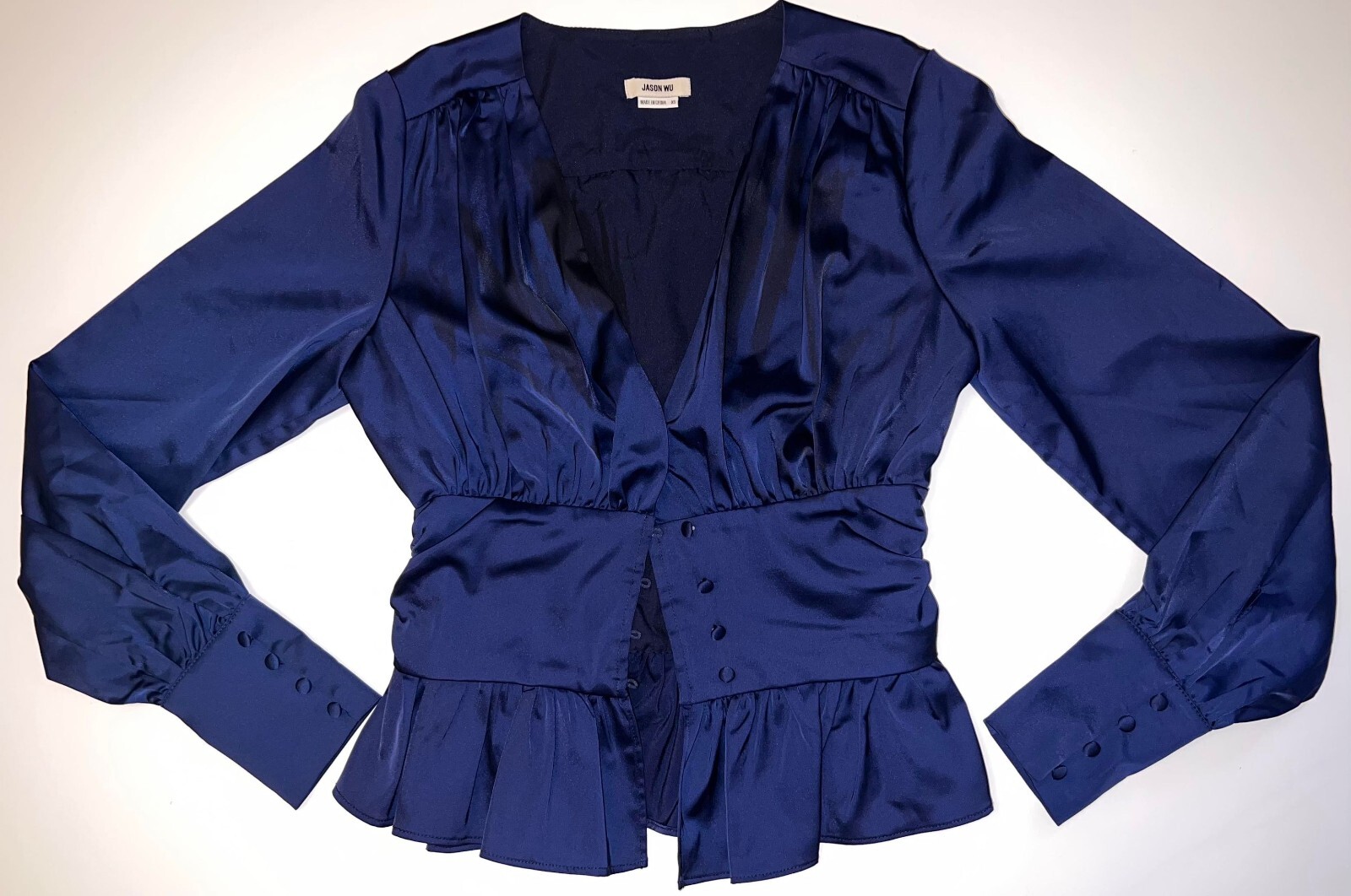 JASON WU Navy Blue Satin Long Sleeve Button Blouse To… - Gem