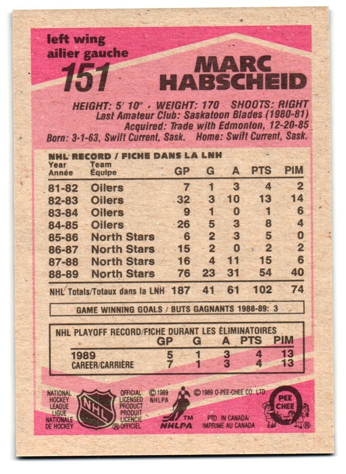 1989-90 O-Pee-Chee #151 Marc Habscheid RC Rookie Card, Detroit Red ...