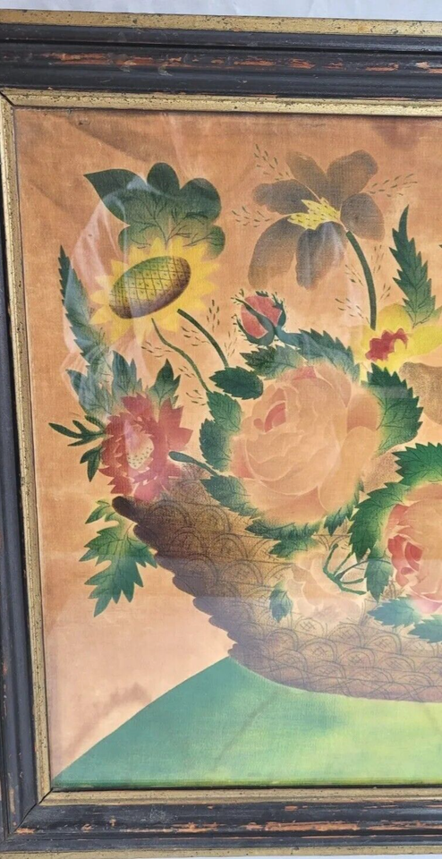 Antique American Folk Art Watercolor Theorem Stencil Painting Flower ...