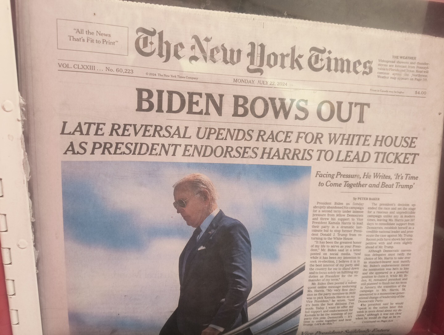 New York Times NYT Newspaper Monday July 22, 2024 BIDEN BOWS OUT! | eBay