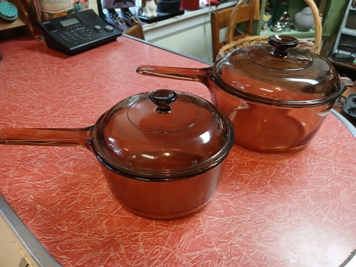 VTG Set Of 2Vision Ware Corning Pyrex Amber Glass Cookware Pots Pan 2 ...