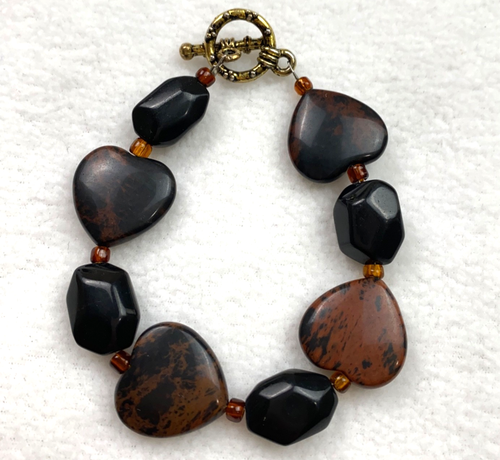Mahogany Obsidian Stone Heart Boho Bracelet Gemstone Gold Tone Toggle ...
