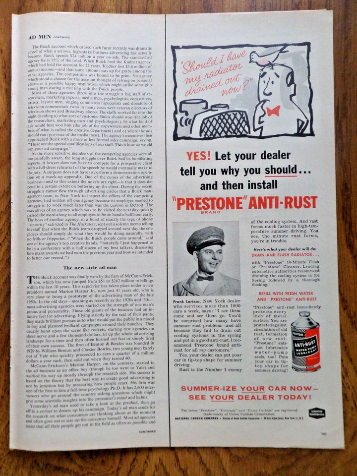 1958 Prestone Anti-Rust Brand Ad Frank Larizza New York Dealer | eBay