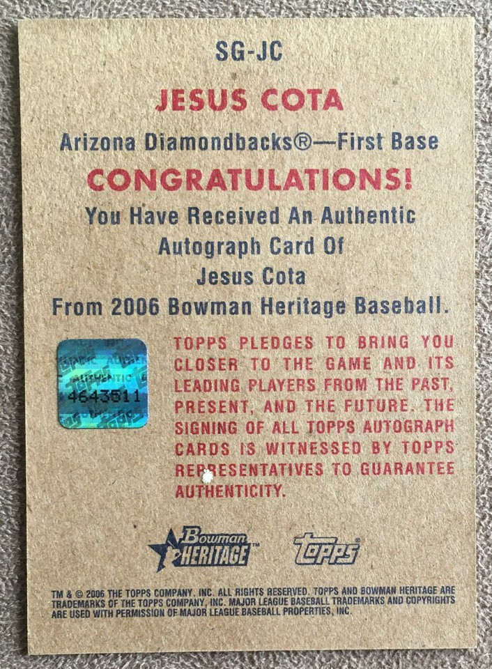 Jesus Cota 2006 Bowman Heritage Autograph Signs of Greatness #SGJC ...