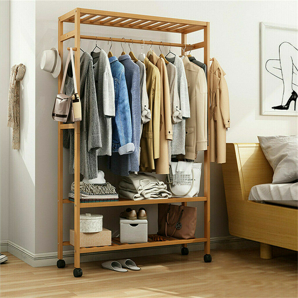 3 Tier Clothes Rack Heavy Duty Wood Garment Shelves Rolling Wheels Side ...
