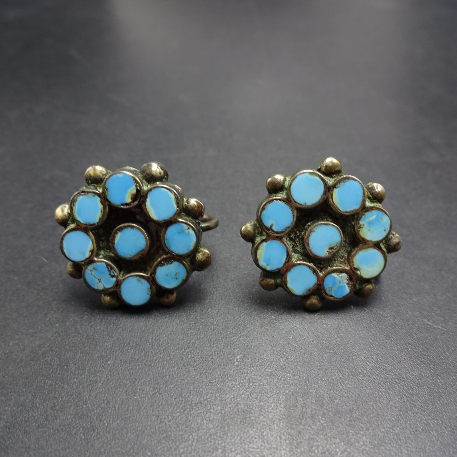 WEE Old ZUNI Flat Flush Inlay TURQUOISE Sterling Silver EARRINGS Screw ...