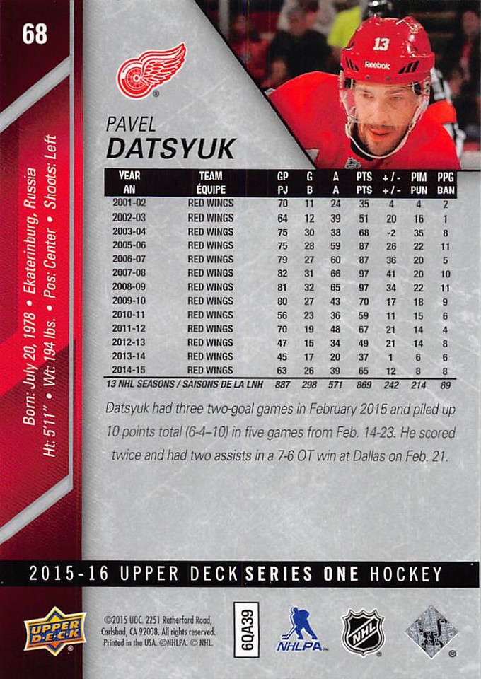 Pavel Datsyuk 2015-16 Upper Deck Hockey card #68 Detroit Red Wings | eBay