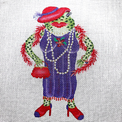 Hand Painted JP Needlepoint Canvas Red Hat Lady Frog Purple Dress Beads ...