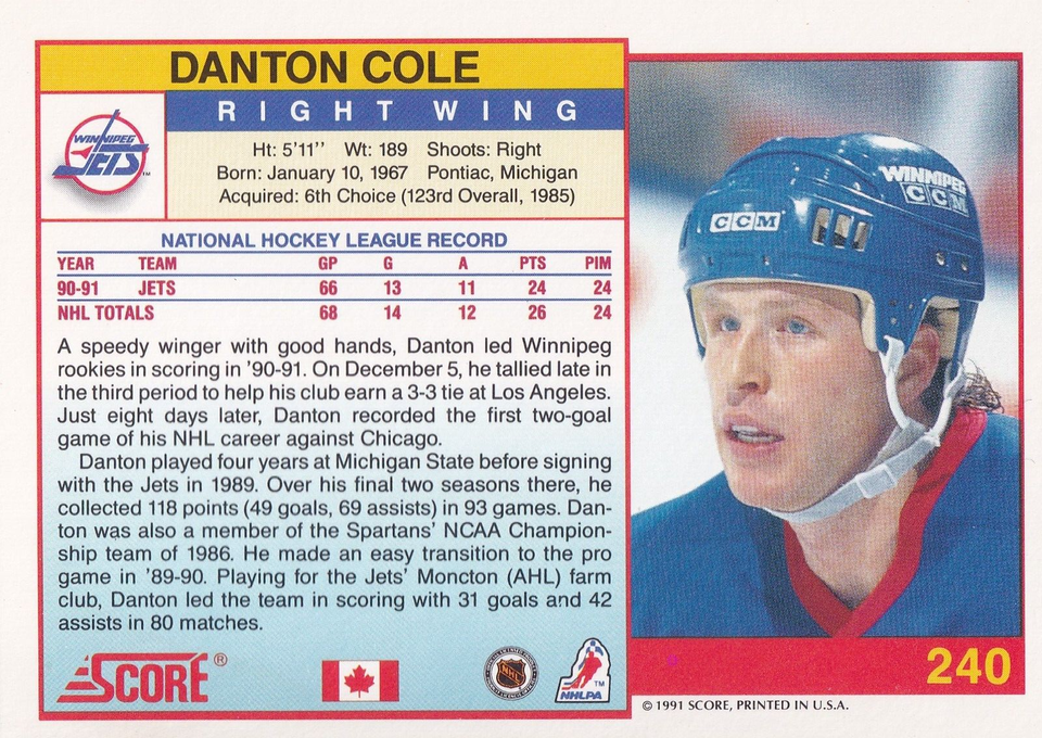 1991-92 Score #240 Danton Cole- Winnipeg Jets + (Yes 4 Free Mystery ...