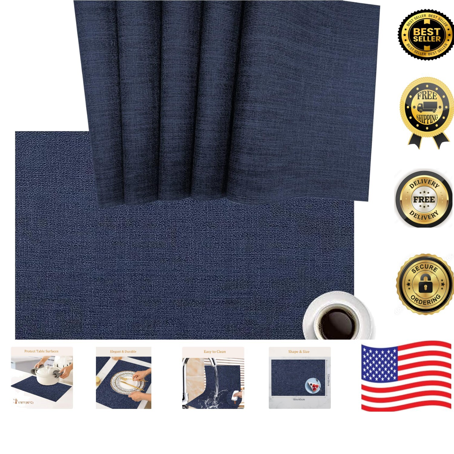 Exquisite Woven Place Mats Set of 6 - Durable, Washable, Navy Blue ...