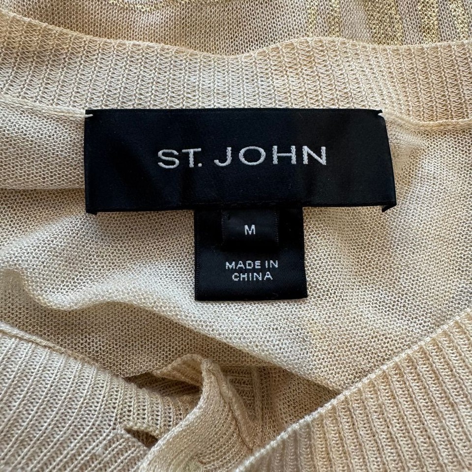 ST. JOHN Beige Semi-Sheer Cardigan Sweater MED Metallic Gold Print ...
