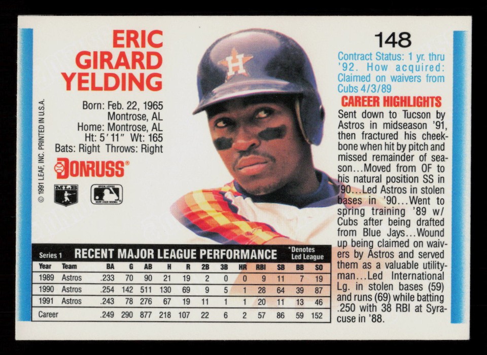 1992 Donruss Eric Yelding #148 Houston Astros Baseball Card | eBay