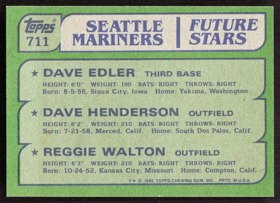 1982 1164B Topps Mariners Future Stars - Dave Edler/Dave Henderson ...