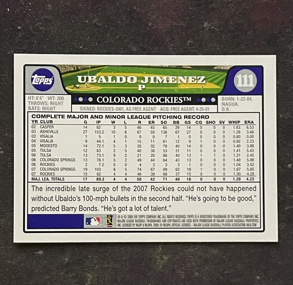 TOPPS 2008 MLB UBALDO JIMENEZ #111 PITCHER COLORADO ROCKIES BASEBALL ...