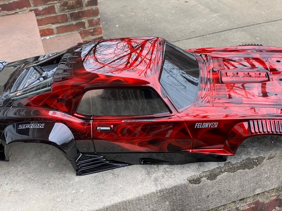 CUSTOM PAINTED RC BODY, ARRMA FELONY 1/7 SCALE, CANDY RED CHROME FLAMES ...