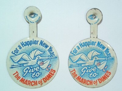 Vintage March of Dimes Stork Happier New Year Fold Over Metal Lapel Pin ...