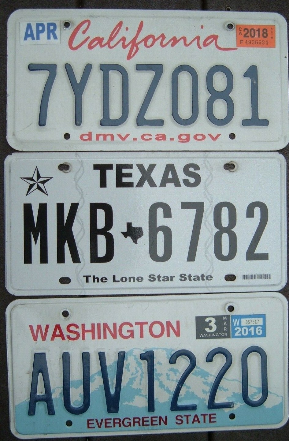 Lot of 3 Different license plates Nice condition CALIFORNIA TEXAS ...