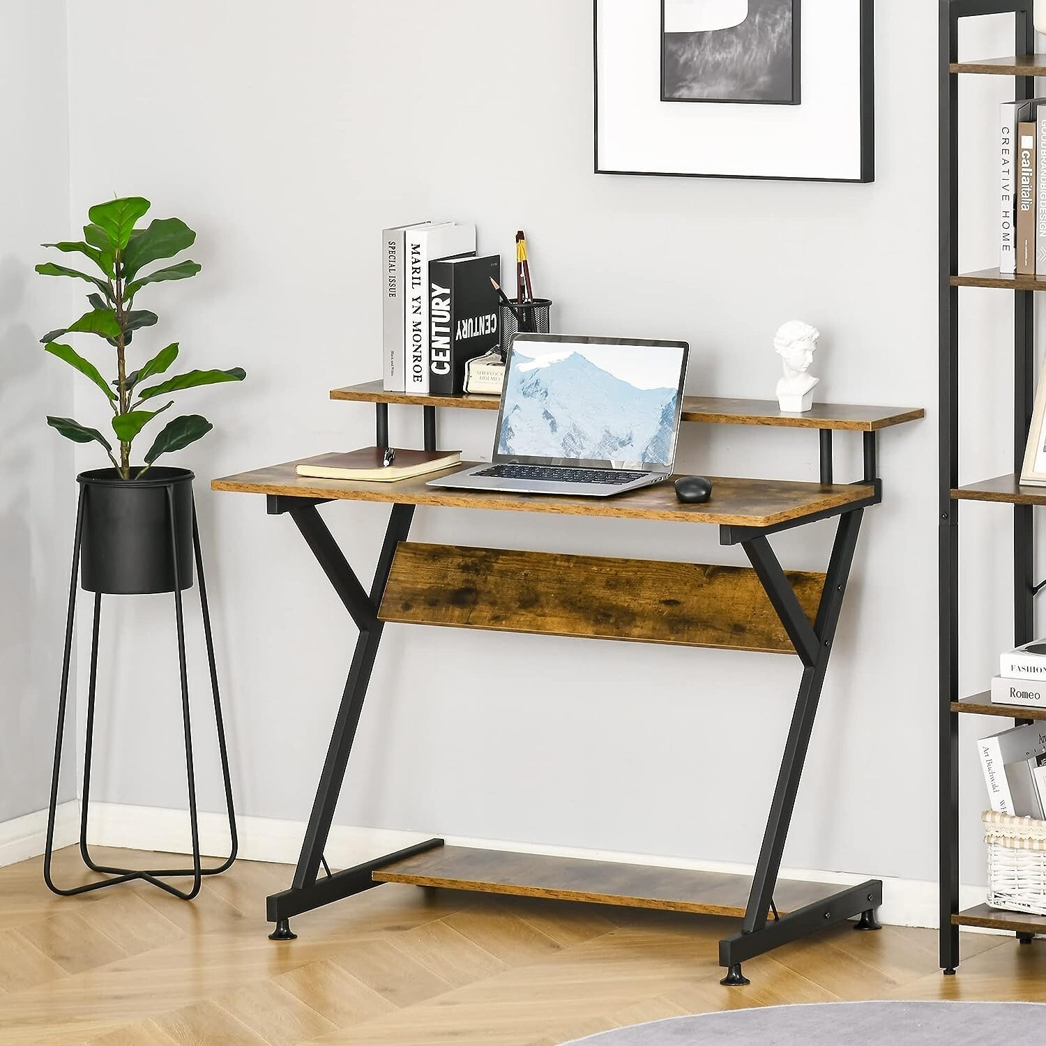 Industrial Rustic Brown Desk Laptop Computer Table Monitor Stand Bottom ...