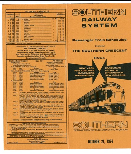 10/21/1974 Southern Railway System Railroad Public Timetable No.83 ...