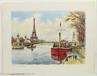 Vintage RAPHAEL Paris Tour Eiffel Tower France Boat Colorful Art Print ...