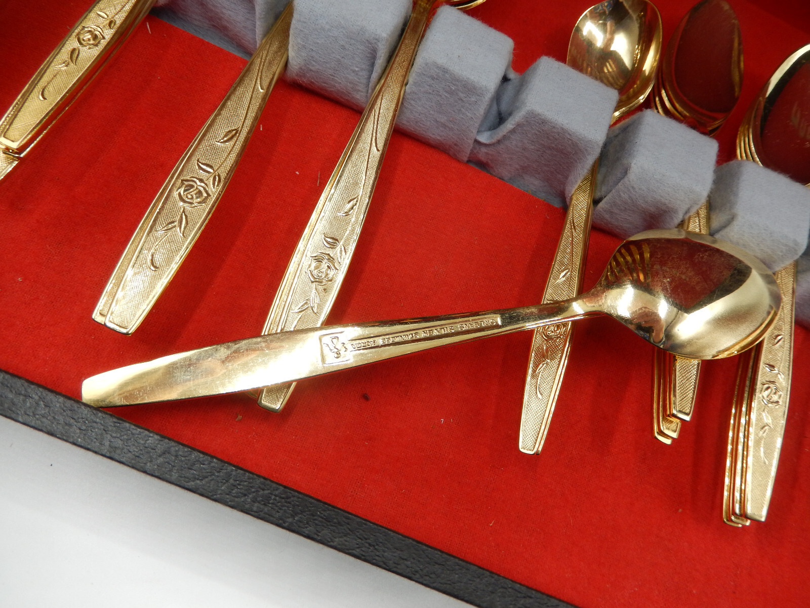Vtg 50 pcs Orleans Silver Stainless Korea Gold Tone Flatware & Box ...