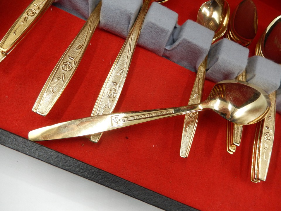 Vtg 50 pcs Orleans Silver Stainless Korea Gold Tone Flatware & Box ...