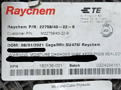 Raychem/TE M22759/43-22-9 #22awg XL-ETFE Spec 55 55A0812 Milspec Wire ...