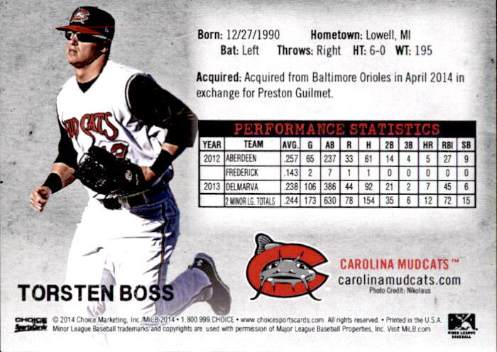 2014 Carolina Mudcats Choice #3 Torsten Boss Lowell Michigan MI ...
