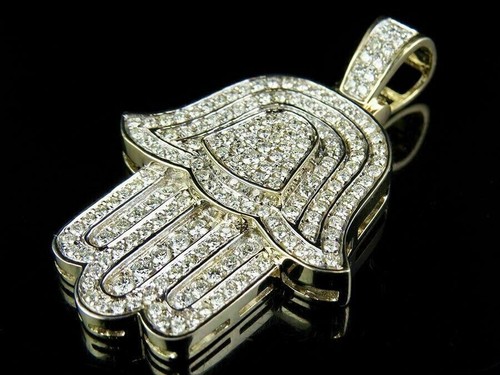 2Ct Round Cut Real Moissanite Hamsa Charm Pendant 14K Yellow Gold ...