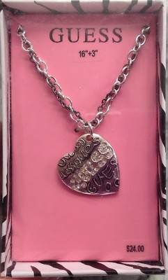 NIB, Guess necklace, heart, logo in rhinestones, silver tone, in logo ...