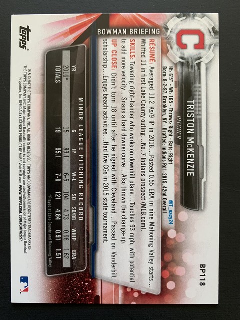 2017 Bowman - Prospects #BP118 Triston McKenzie (RC) for sale online | eBay